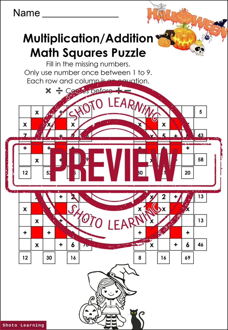 HALLOWEEN Division Addition Math Square Puzzle Game Divide Activities ...