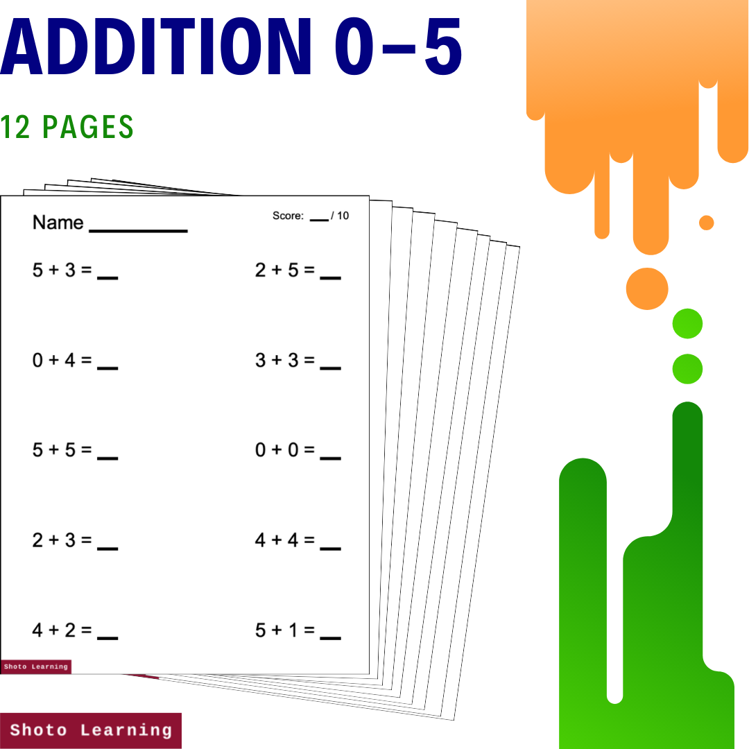 Addition 0 to 5 — Shoto Learning | English | Math | Science Worksheets