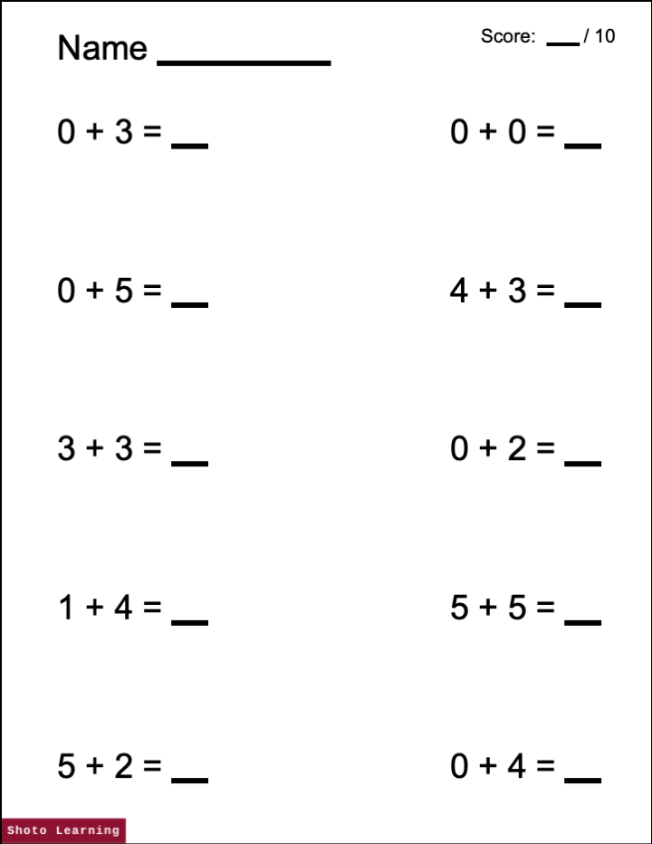 SINGLE DIGIT ADDITION WORKSHEETS 0-5 Horizontal Math Practice Problems ...