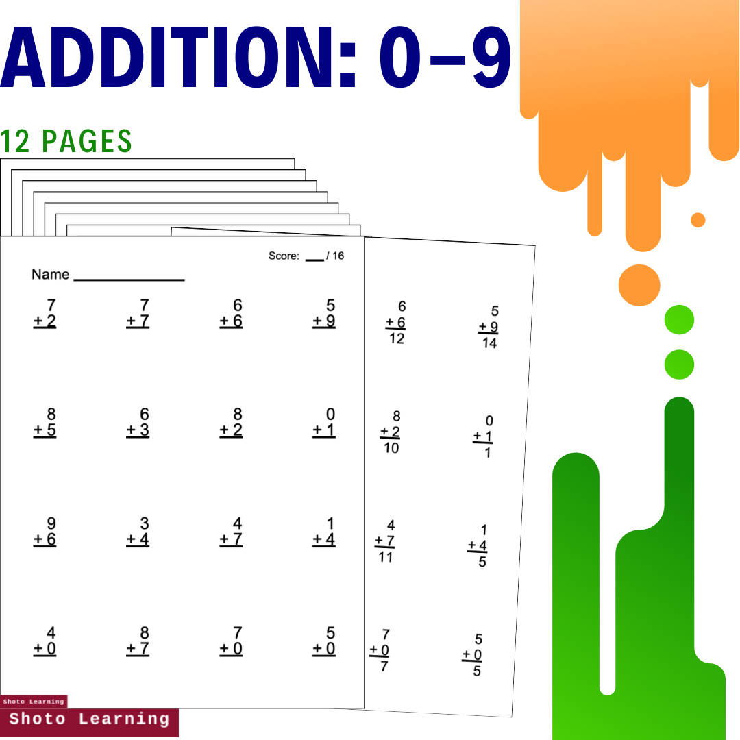 Addition 0 to 9 — Shoto Learning | English | Math | Science Worksheets