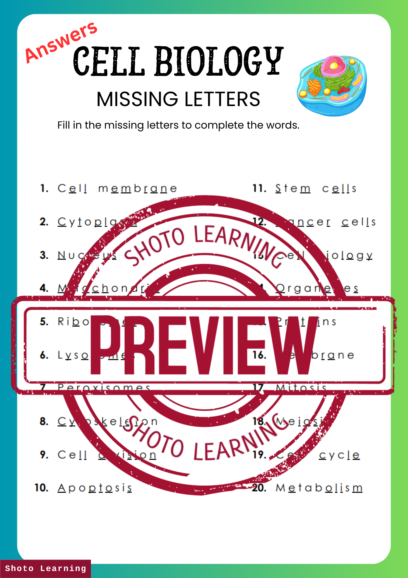 Eukaryotic Cell Missing Letter Worksheet - Fun and Educational Activity ...