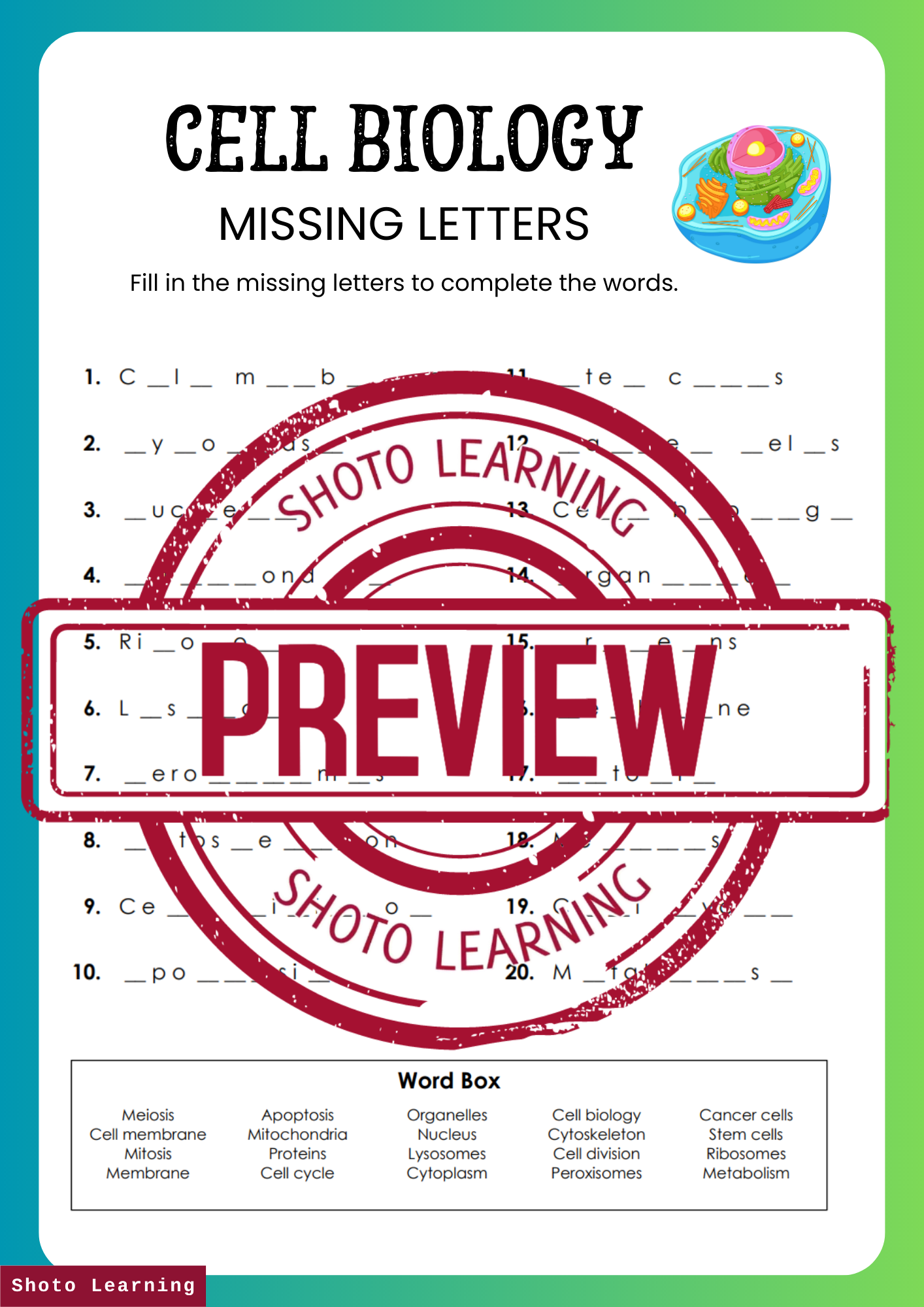 Eukaryotic Cell Missing Letter Worksheet - Fun and Educational Activity ...