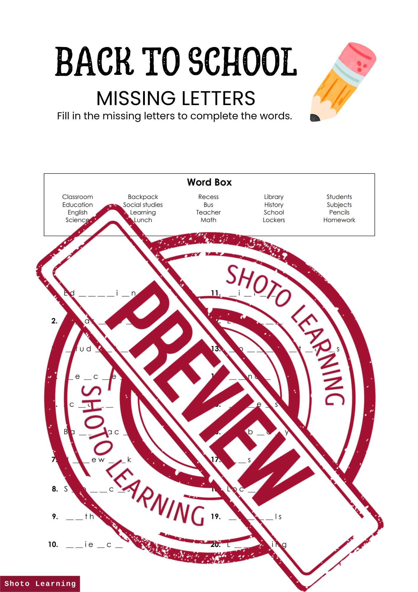 Back to School Missing Letter Worksheet: Strengthen Spelling ...