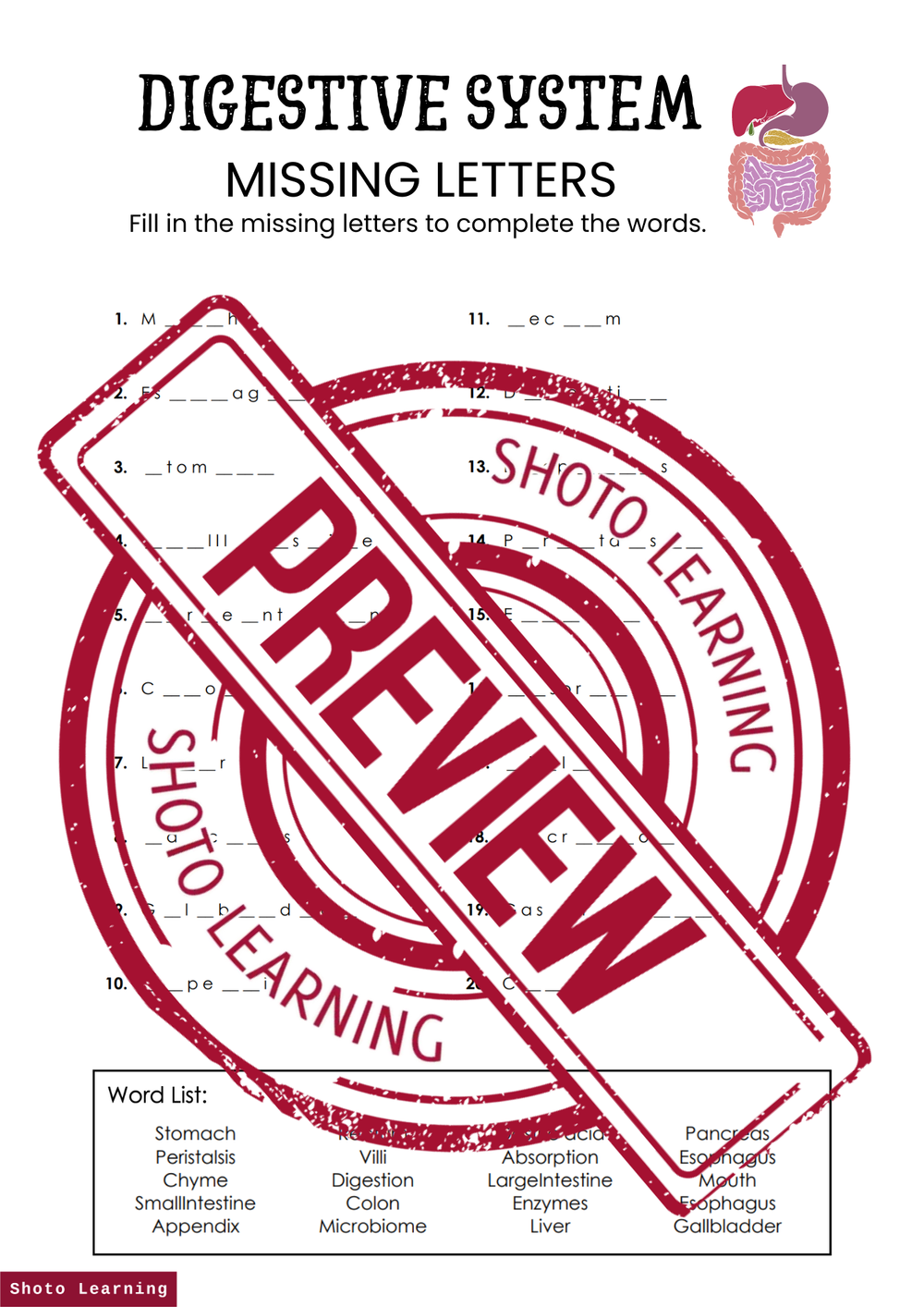DIGESTIVE SYSTEM SCIENCE ACTIVITY - SCRAMBLE WORDS VOCABULARY WORD ...