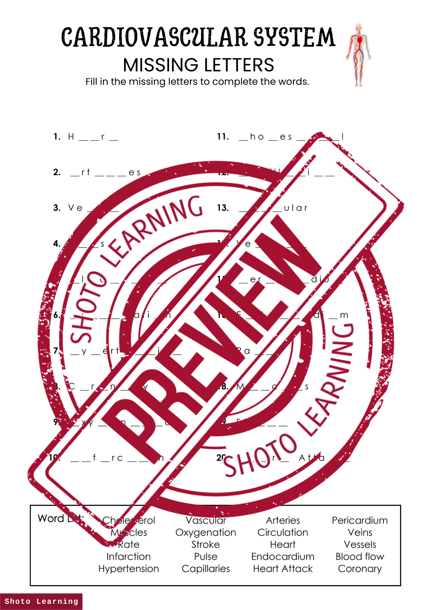 CARDIOVASCULAR SYSTEM SCIENCE ACTIVITY - SCRAMBLE WORDS VOCABULARY WORD ...