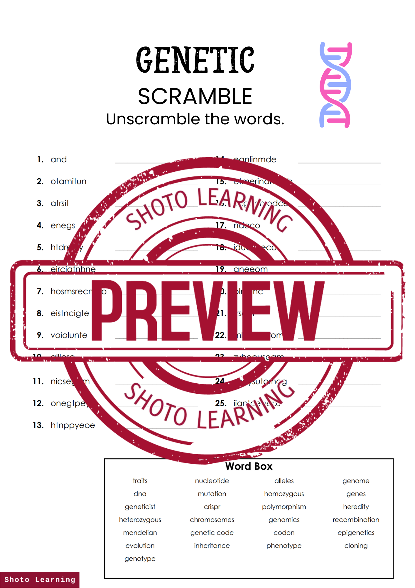 Genetic Word Scramble Worksheet: Decode and Unscramble the World of DNA ...