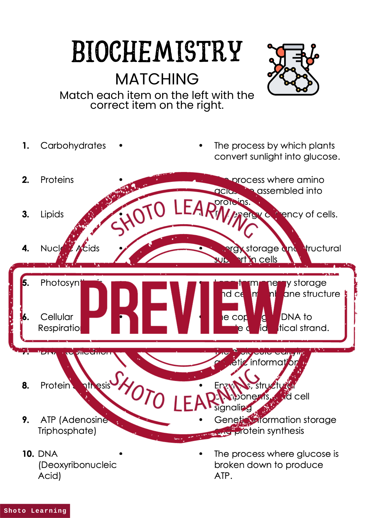 Biochemistry Matching Challenge: Connect Concepts to Comprehend — Shoto ...