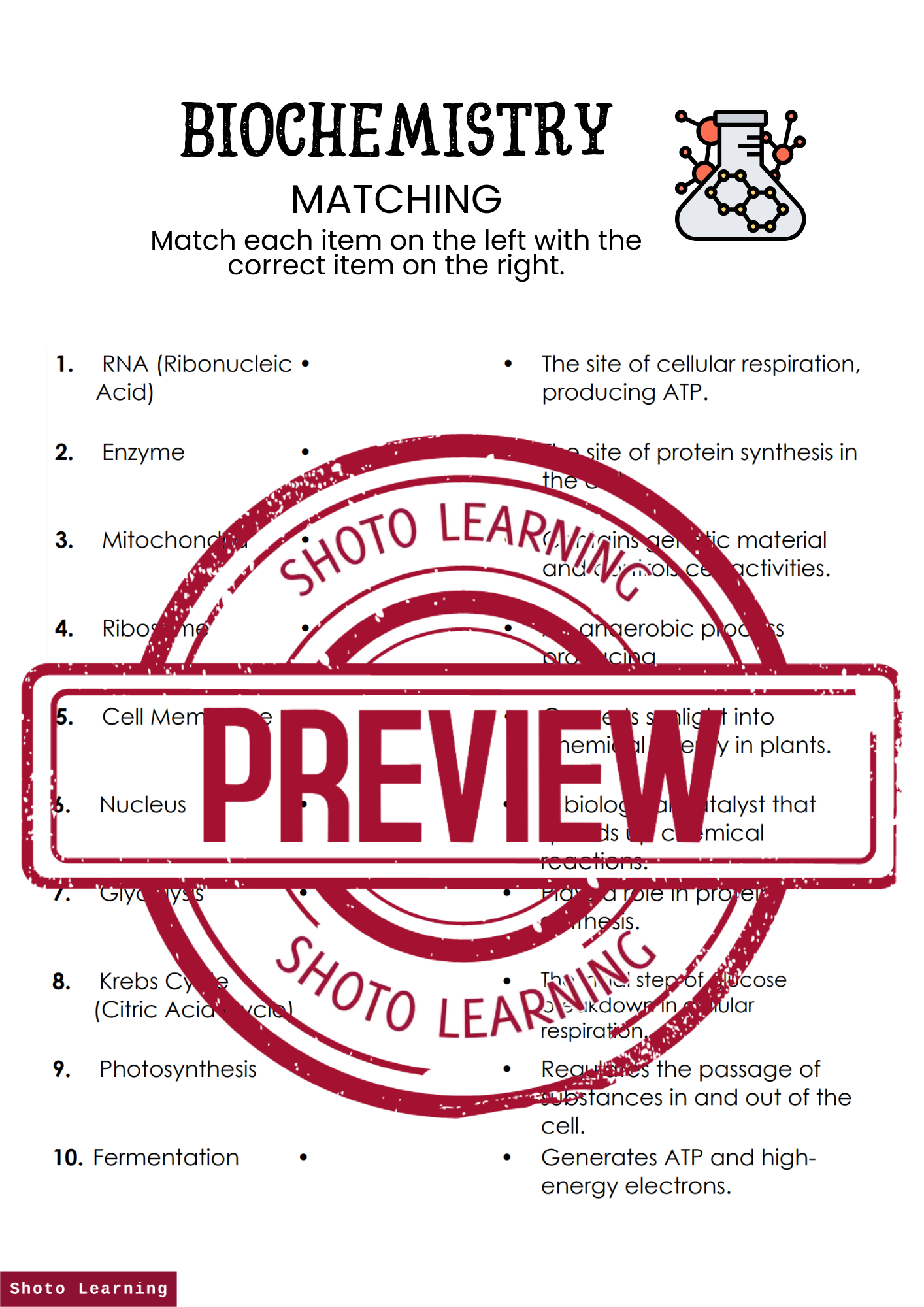 Biochemistry Matching Challenge: Connect Concepts to Comprehend — Shoto ...