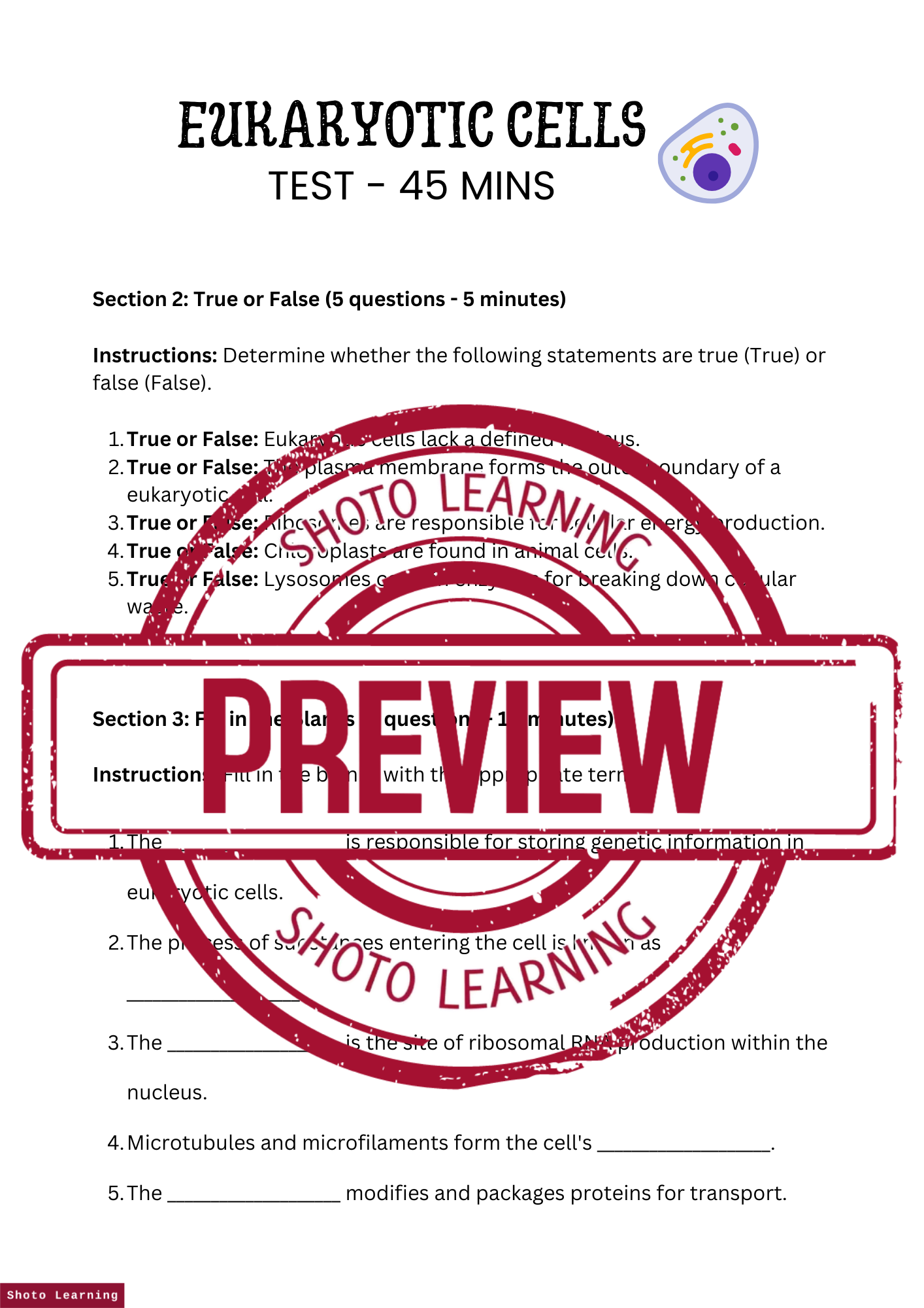 Eukaryotic Cell Mastery Worksheet: 20 Questions & Answers — Shoto ...