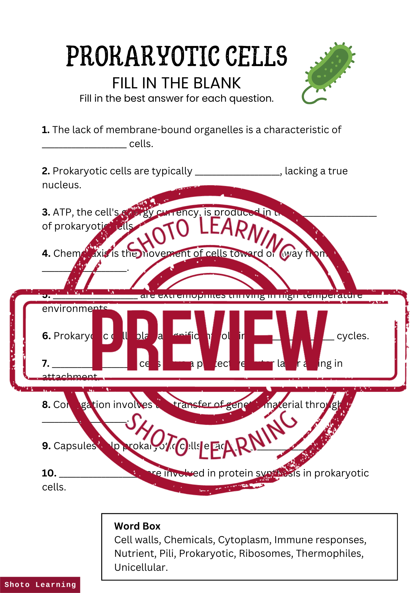 Prokaryotic Cell Q&A Mastery Worksheet: 20 Questions & Answers — Shoto ...