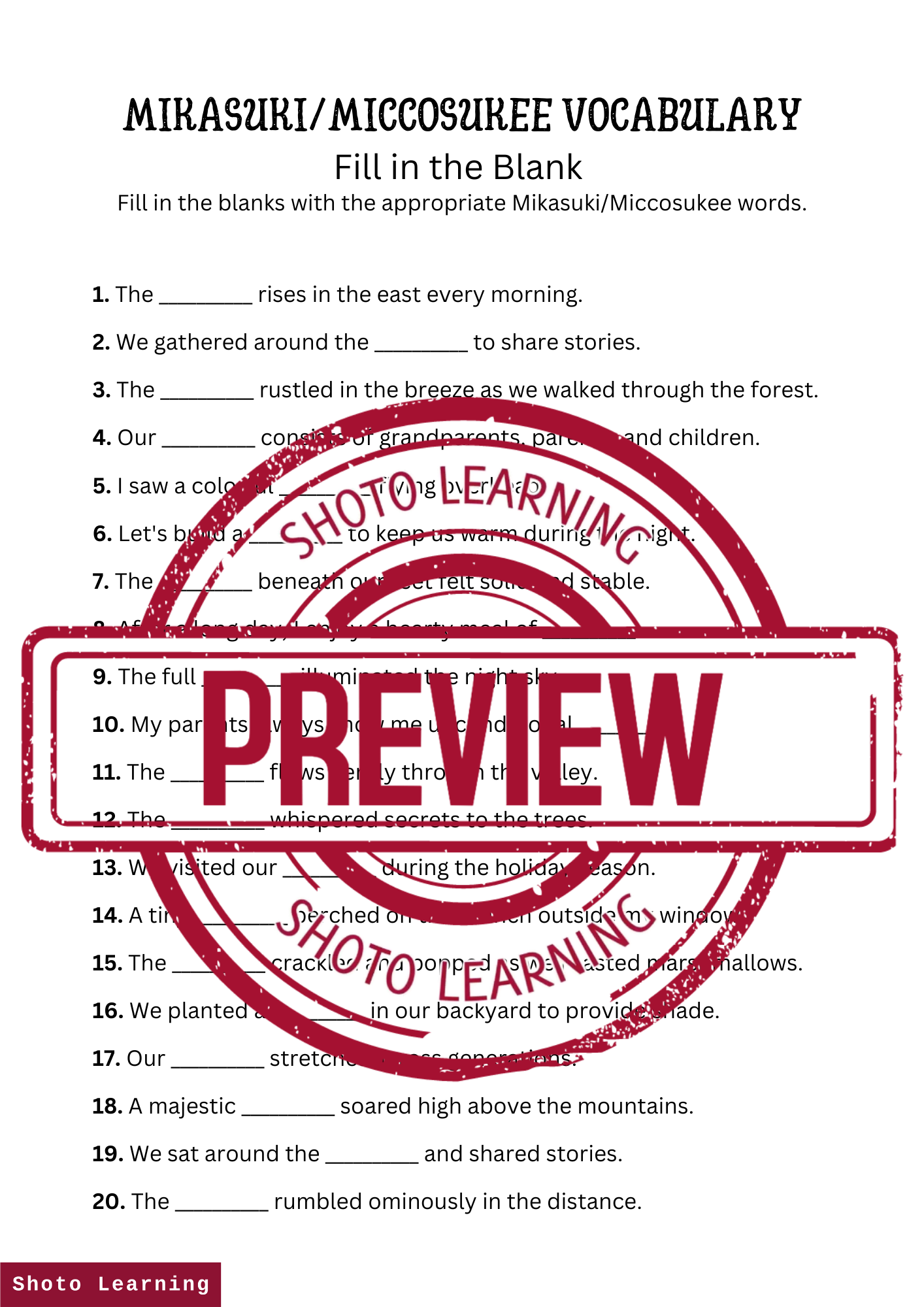 Mikasuki/Miccosukee Vocabulary Discovery: Word Search Worksheet — Shoto ...