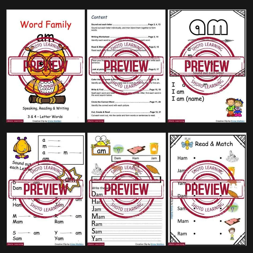 EN Word Family CVC Blend Worksheet Bundle for Speaking, Reading & Writing