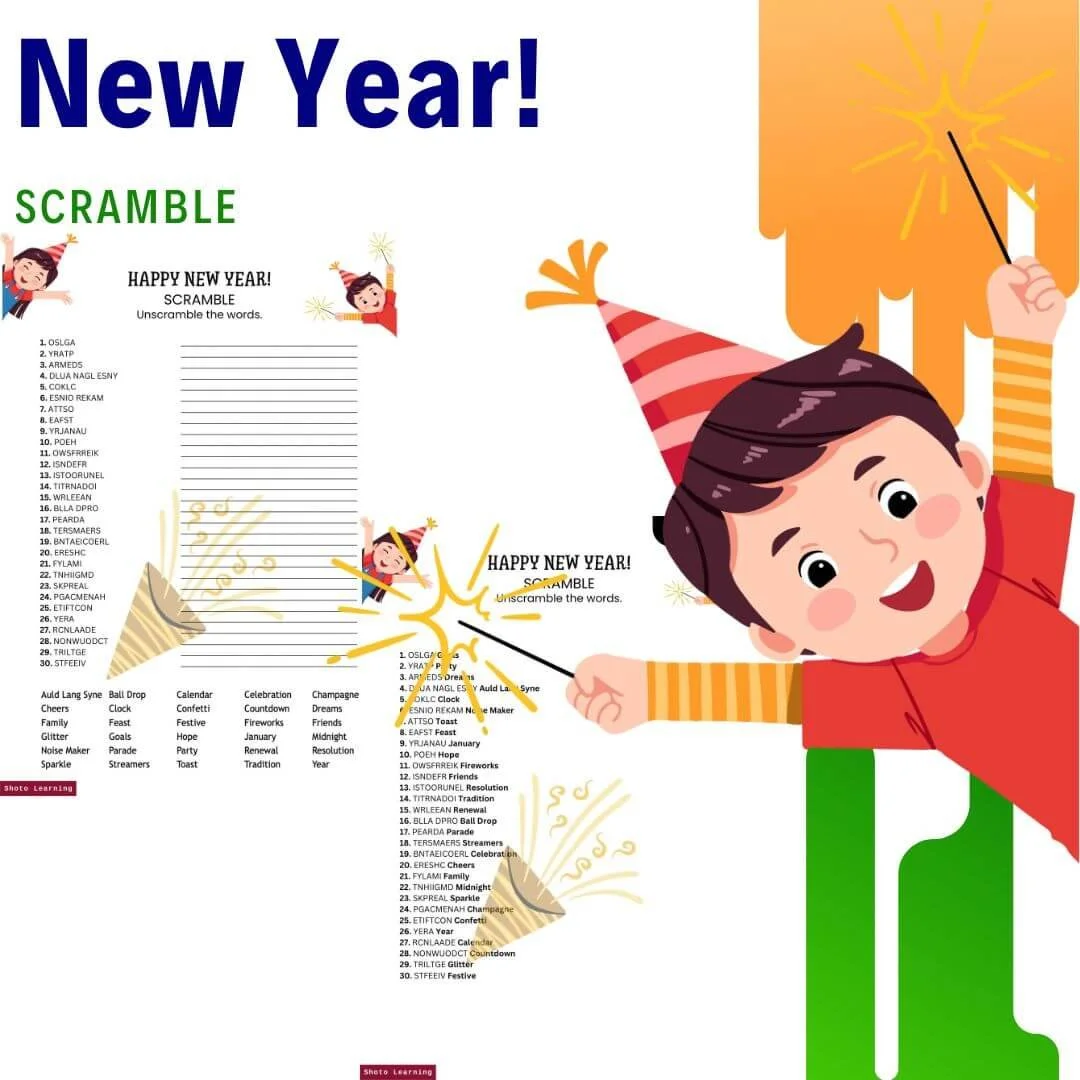 New Year Word Scramble - Festive Puzzle with Answers