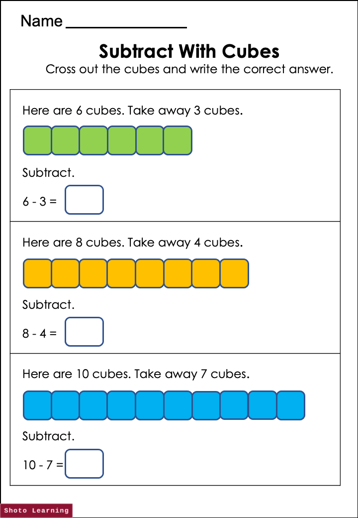 Subtracting up to 10 — Shoto Learning | English | Math | Science Worksheets