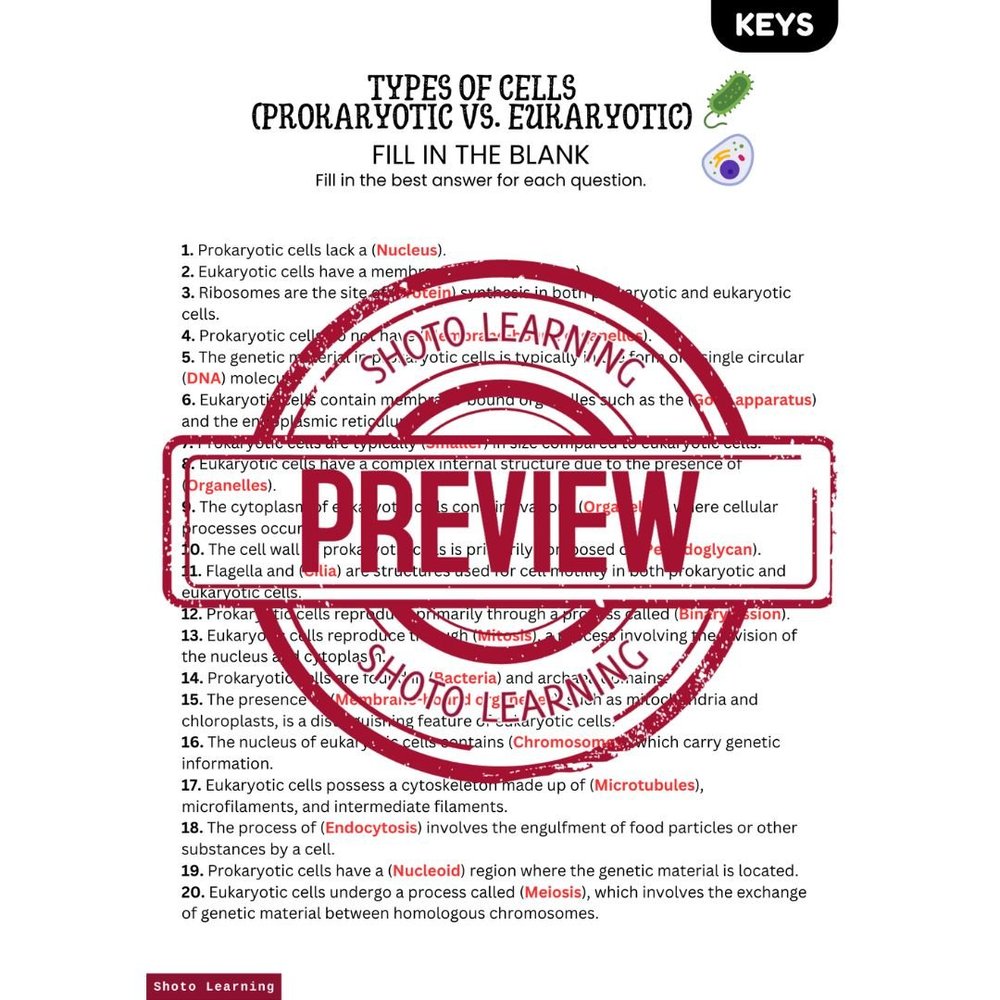 Cell Biology Worksheets – Prokaryotic & Eukaryotic