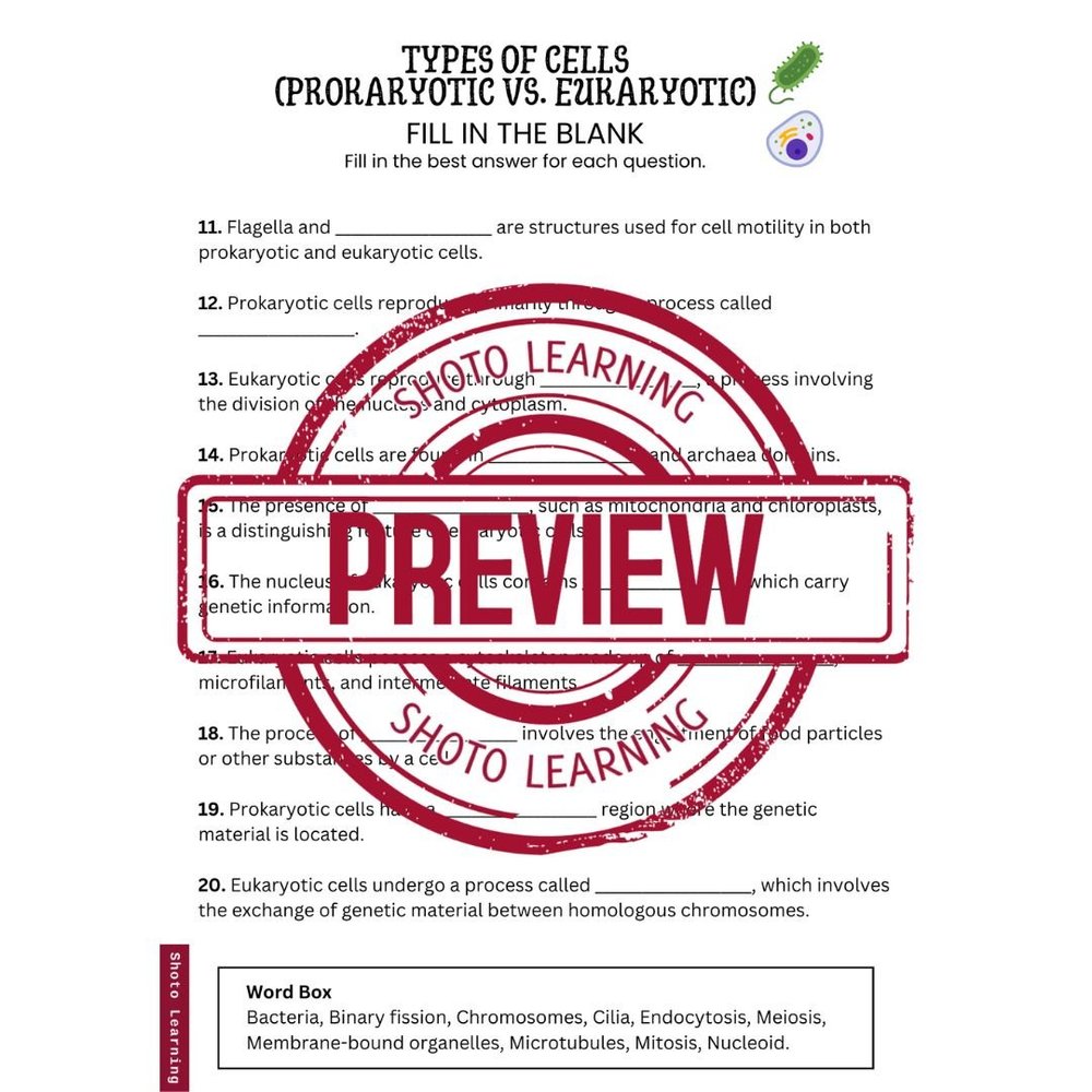 Cell Biology Worksheets – Prokaryotic & Eukaryotic
