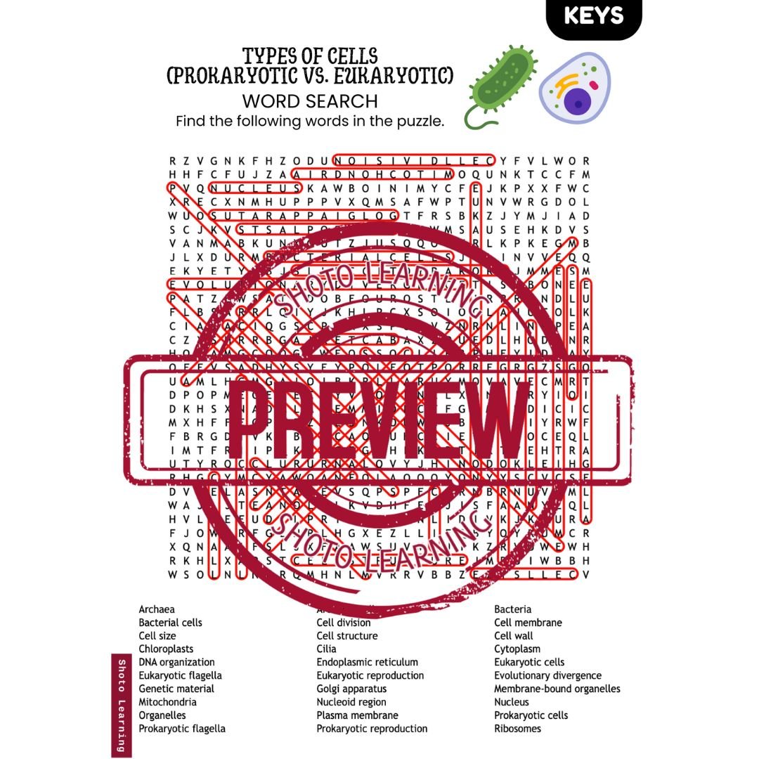 Cell Biology Word Search – Prokaryotic vs. Eukaryotic