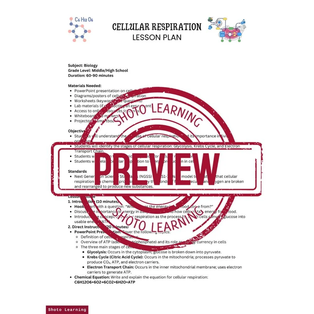 Cellular Respiration Label Worksheet | Word Box & Answer Key