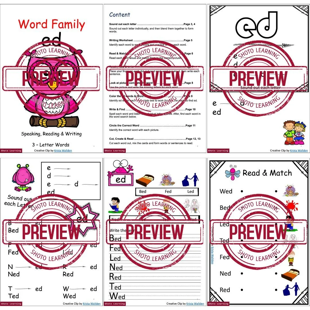ED Word Family Worksheets & Activities – CVC & Blends