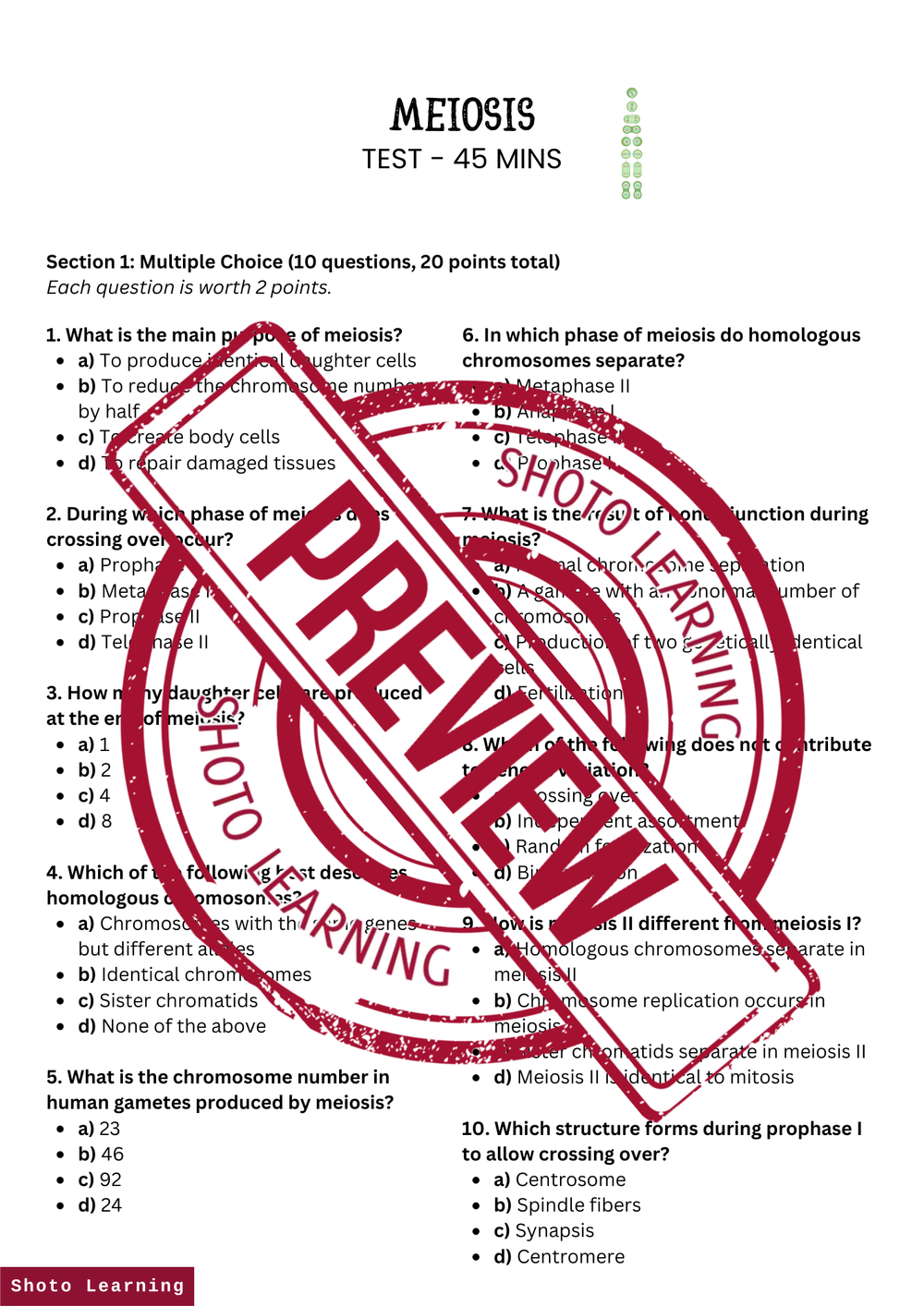 Meiosis Reading Comprehension Worksheet | 5 Key Questions & Answers