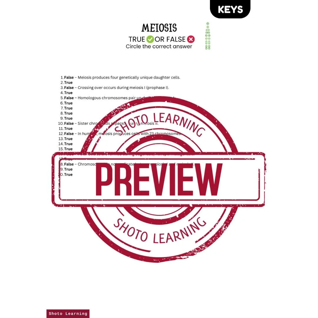 Meiosis Multiple Choice Worksheet | 20 Questions & Answer Key