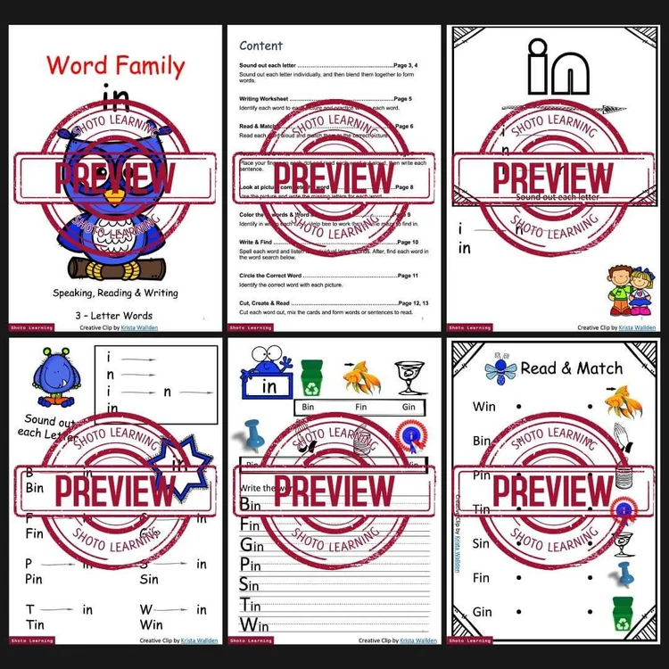 EN Word Family CVC Blend Worksheet Bundle for Speaking, Reading & Writing