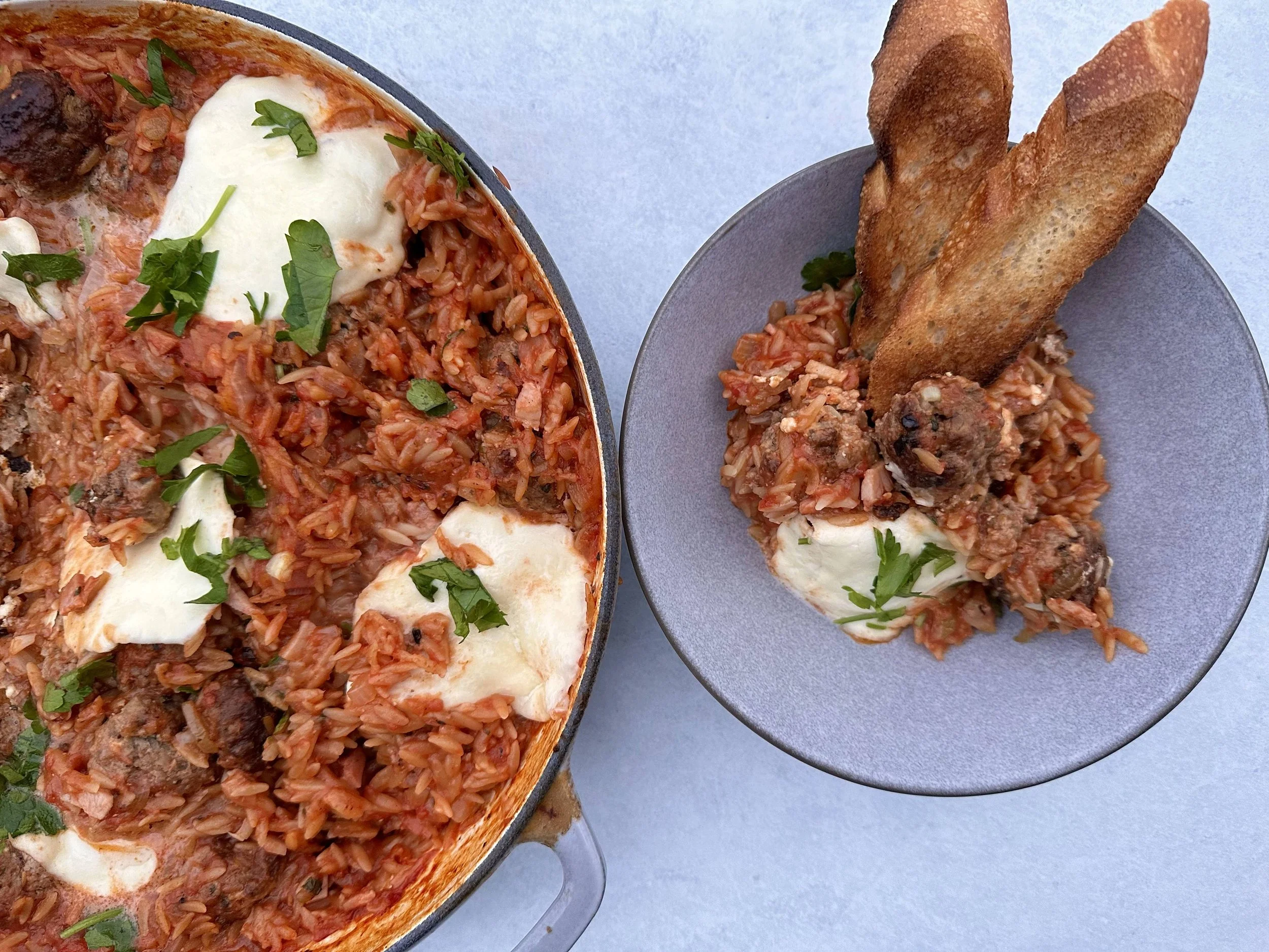 COMFORTING MEDITERRANEAN MEATBALL, RISONI AND MOZZARELLA BAKE ...