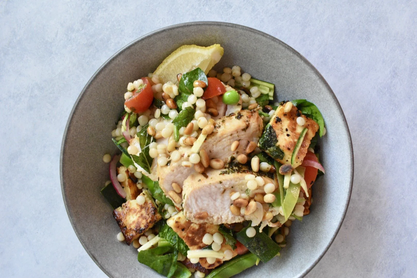 GRILLED CHICKEN, HALOUMI & PEARL COUS COUS SALAD — Wholesome by Sarah