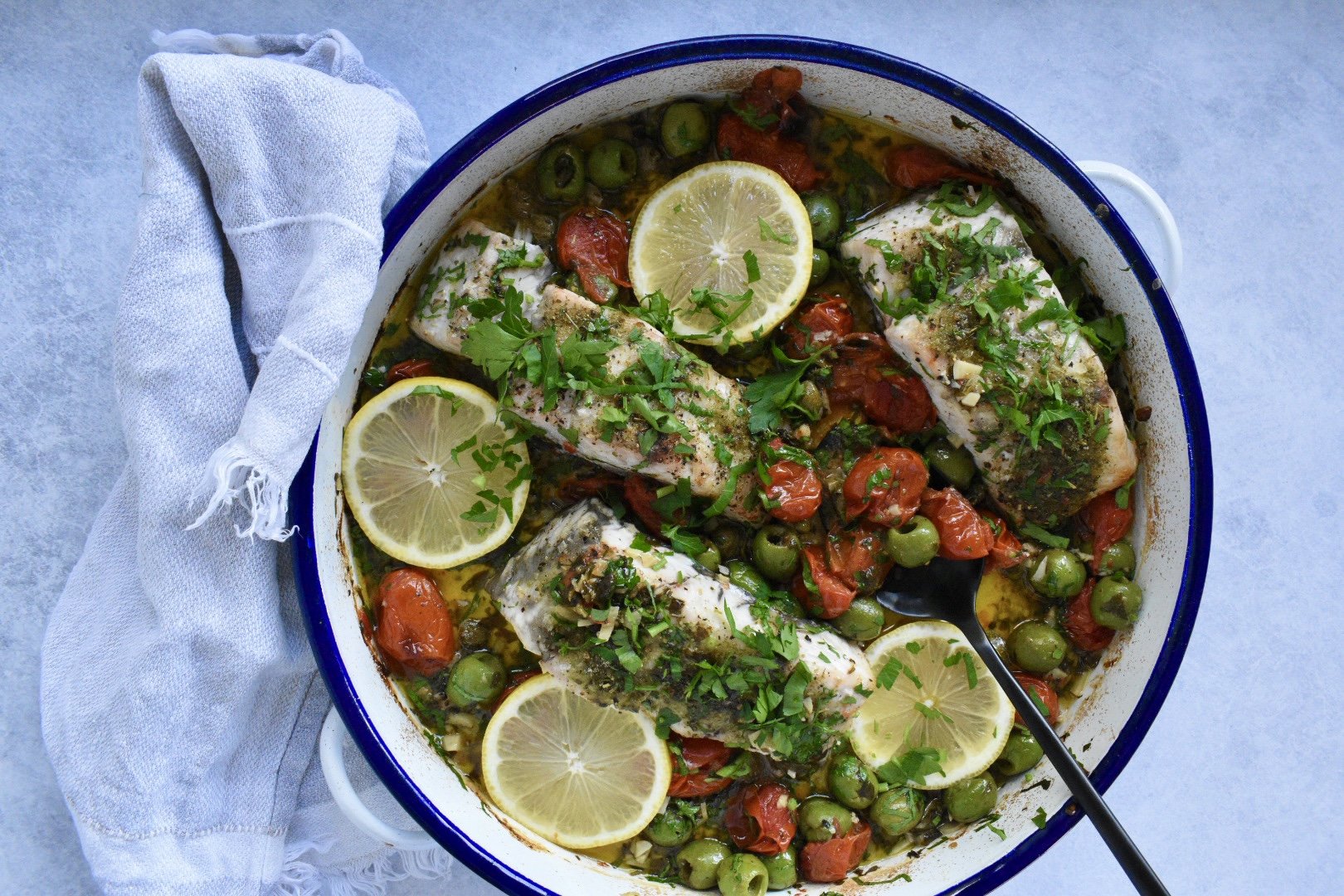 ONE PAN FISH WITH CHERRY TOMATOES & SICILIAN OLIVES — Wholesome by Sarah