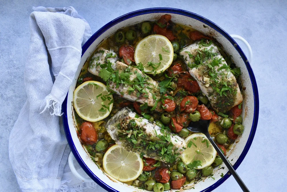ONE PAN FISH WITH CHERRY TOMATOES & SICILIAN OLIVES — Wholesome by Sarah