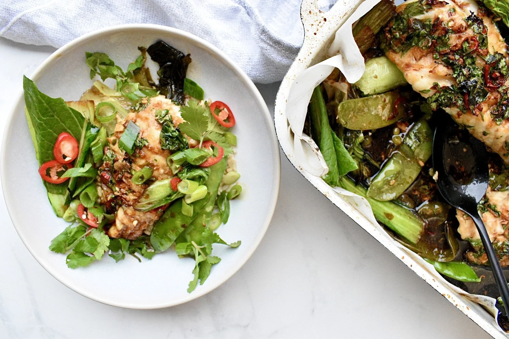 ASIAN STYLE BAKED FISH WITH GREENS, RED CHILLI & CORIANDER — Wholesome ...