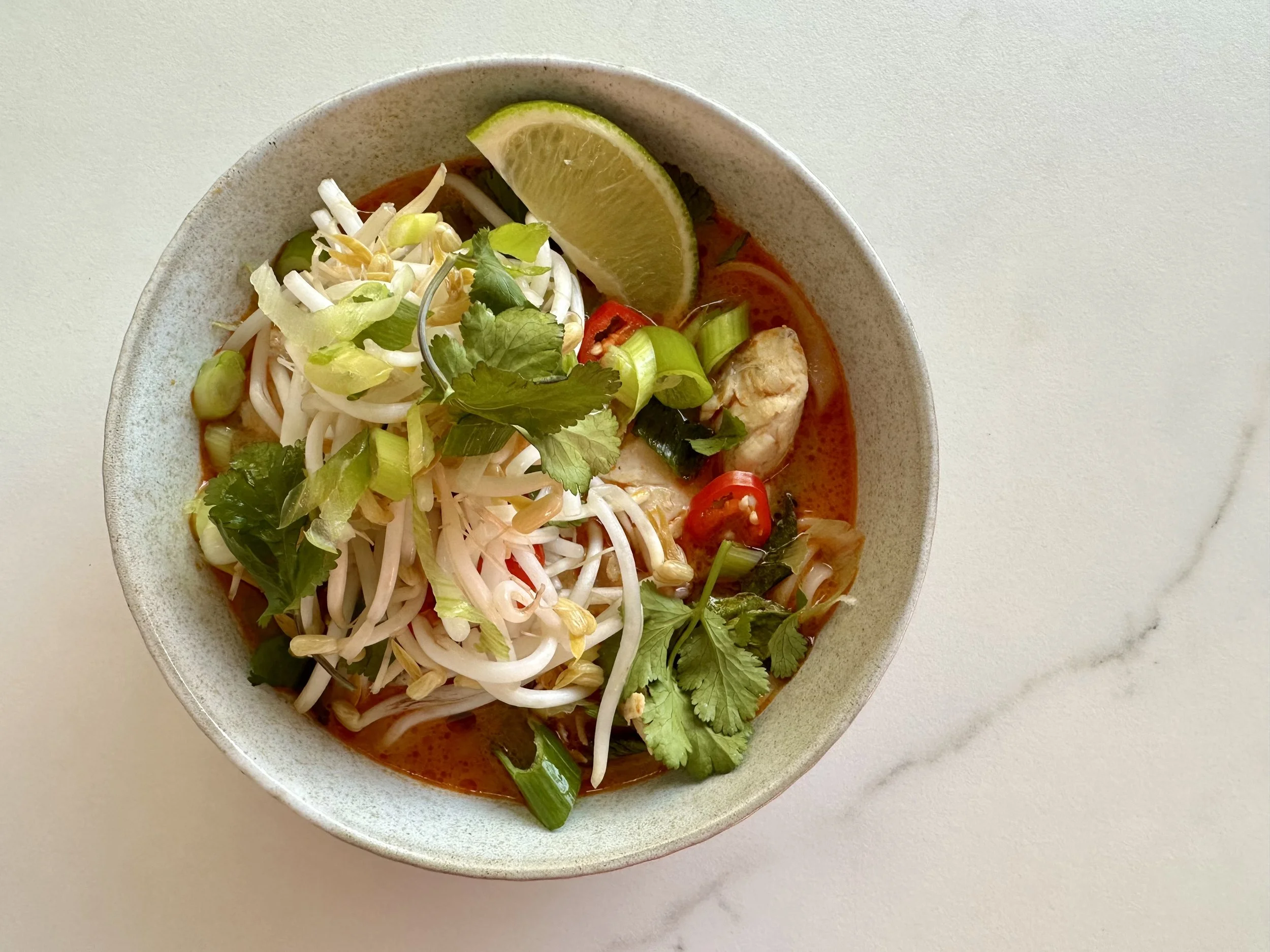 CHICKEN LAKSA WITH BOK CHOY, BEAN SHOOTS & CORIANDER — Wholesome by Sarah