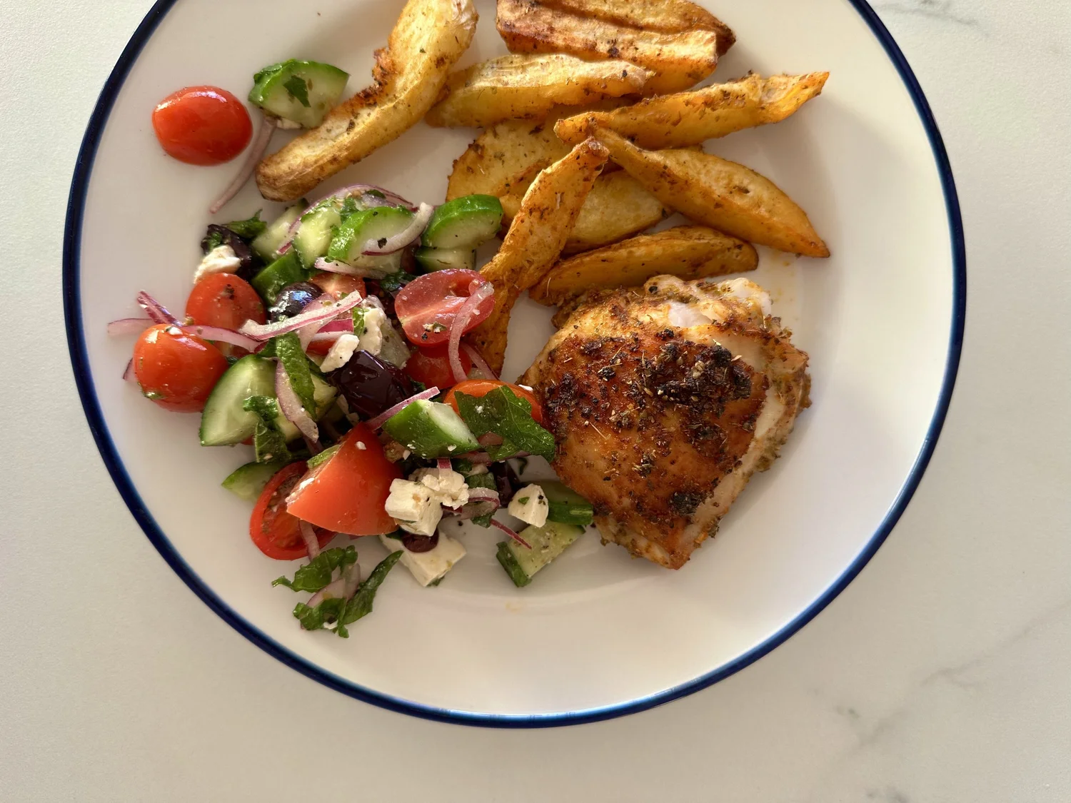 CRISPY CHICKEN WITH POTATO WEDGES & GREEK SALAD — Wholesome by Sarah