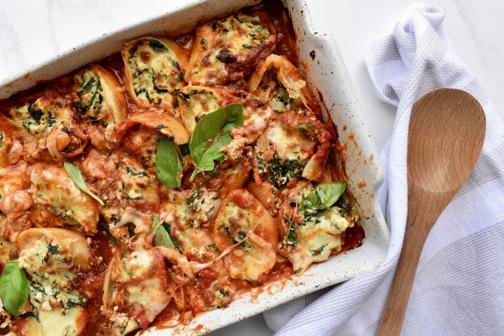 BAKED PASTA SHELLS WITH RICOTTA, SPINACH, LEMON & MOZZARELLA ...
