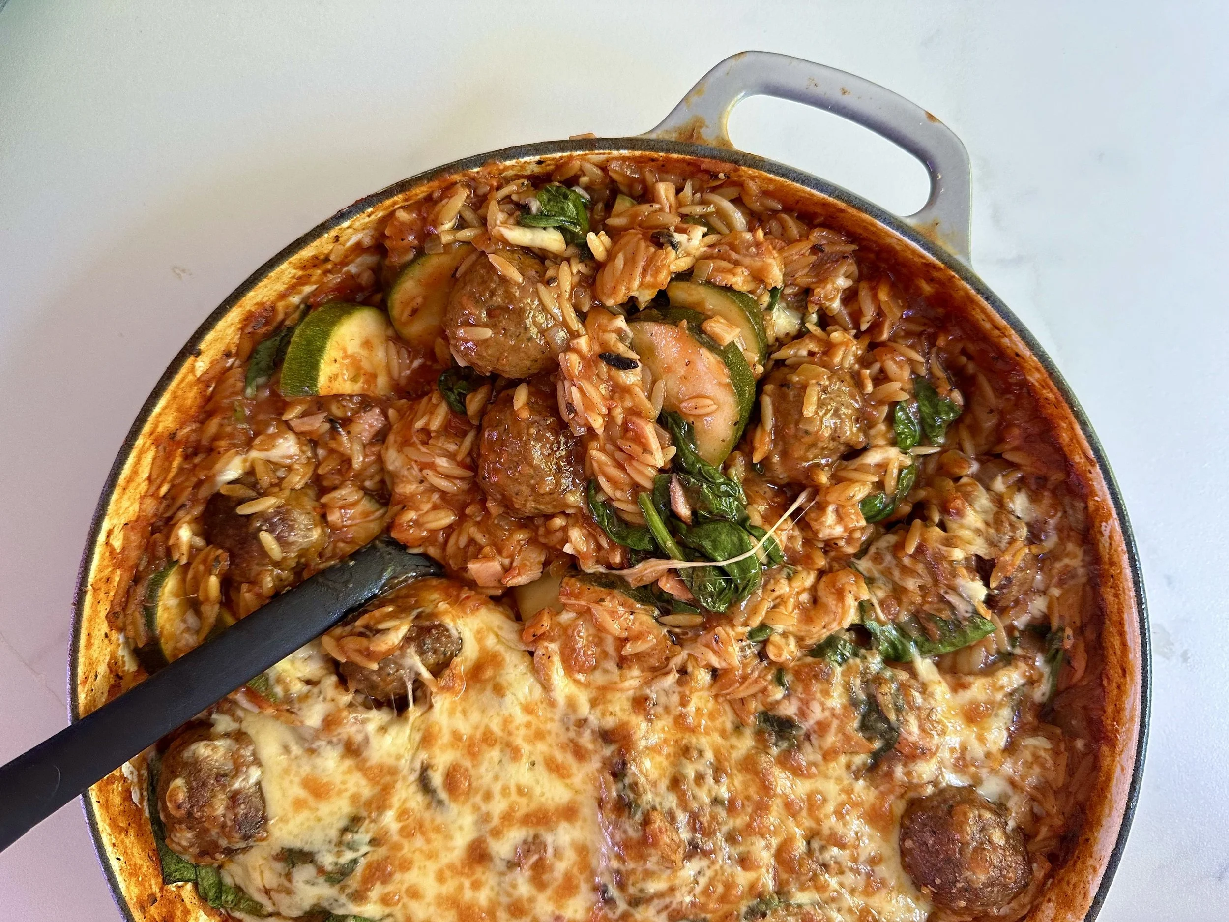 MEDITERANEAN MEATBALL, RISONI & MOZZARELLA BAKE — Wholesome by Sarah