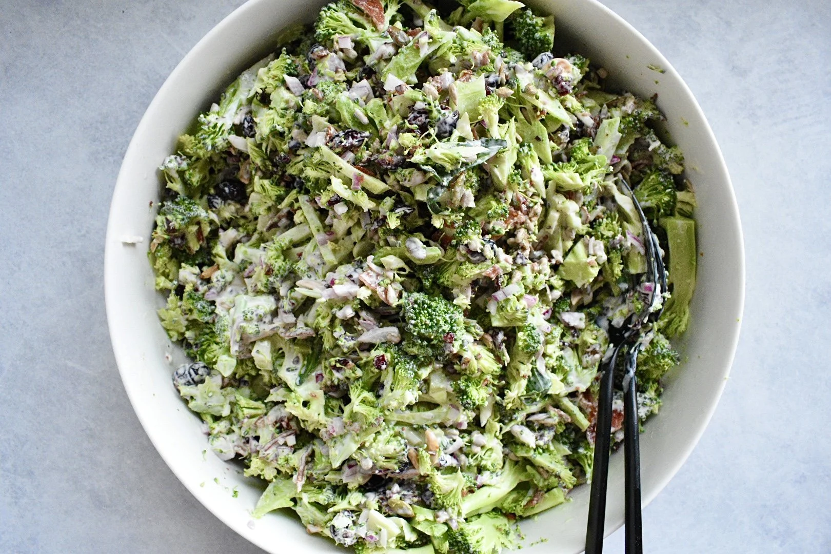 RAW BROCCOLI, DRIED CRANBERRY & BACON SALAD — Wholesome by Sarah