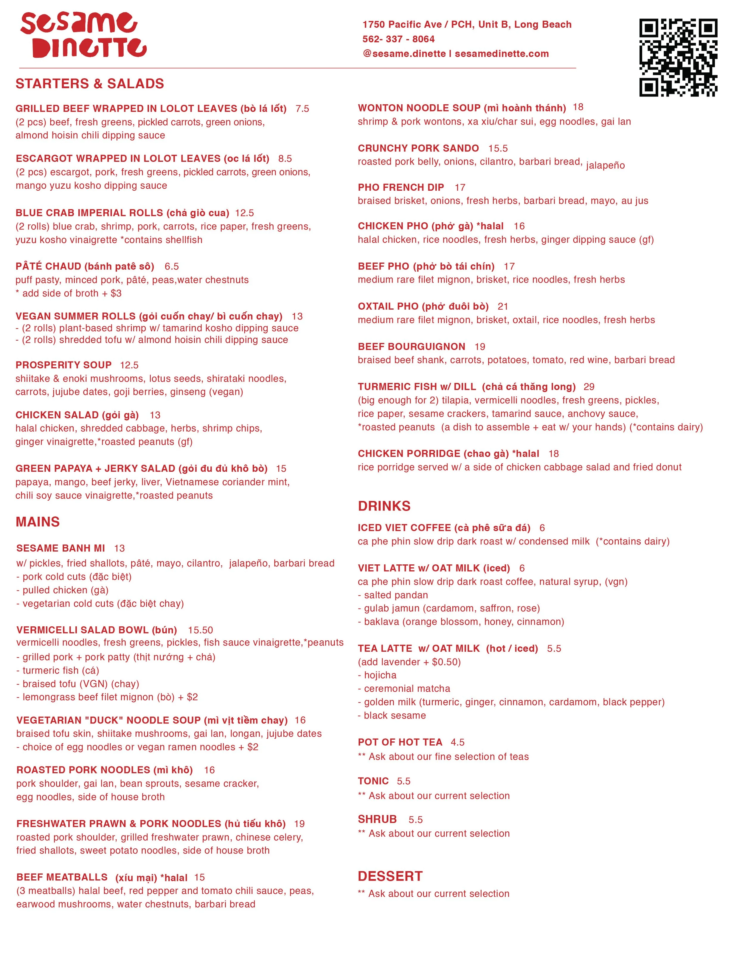 MENU — Sesame Dinette