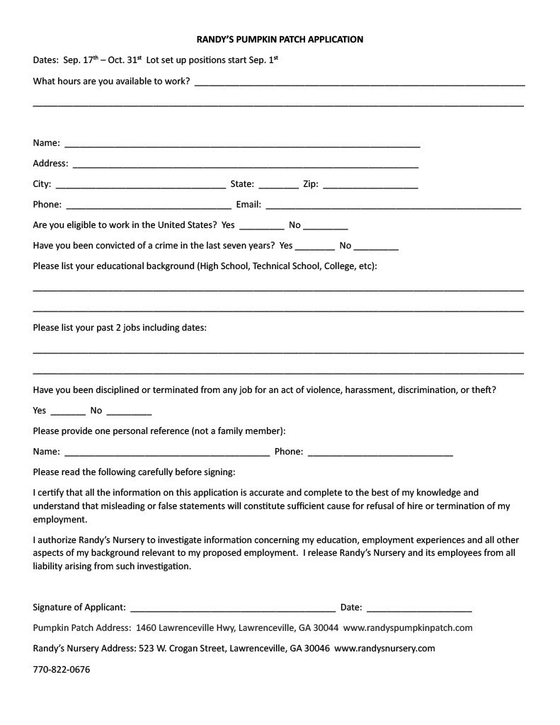 Employment — Randy's Pumpkin Patch