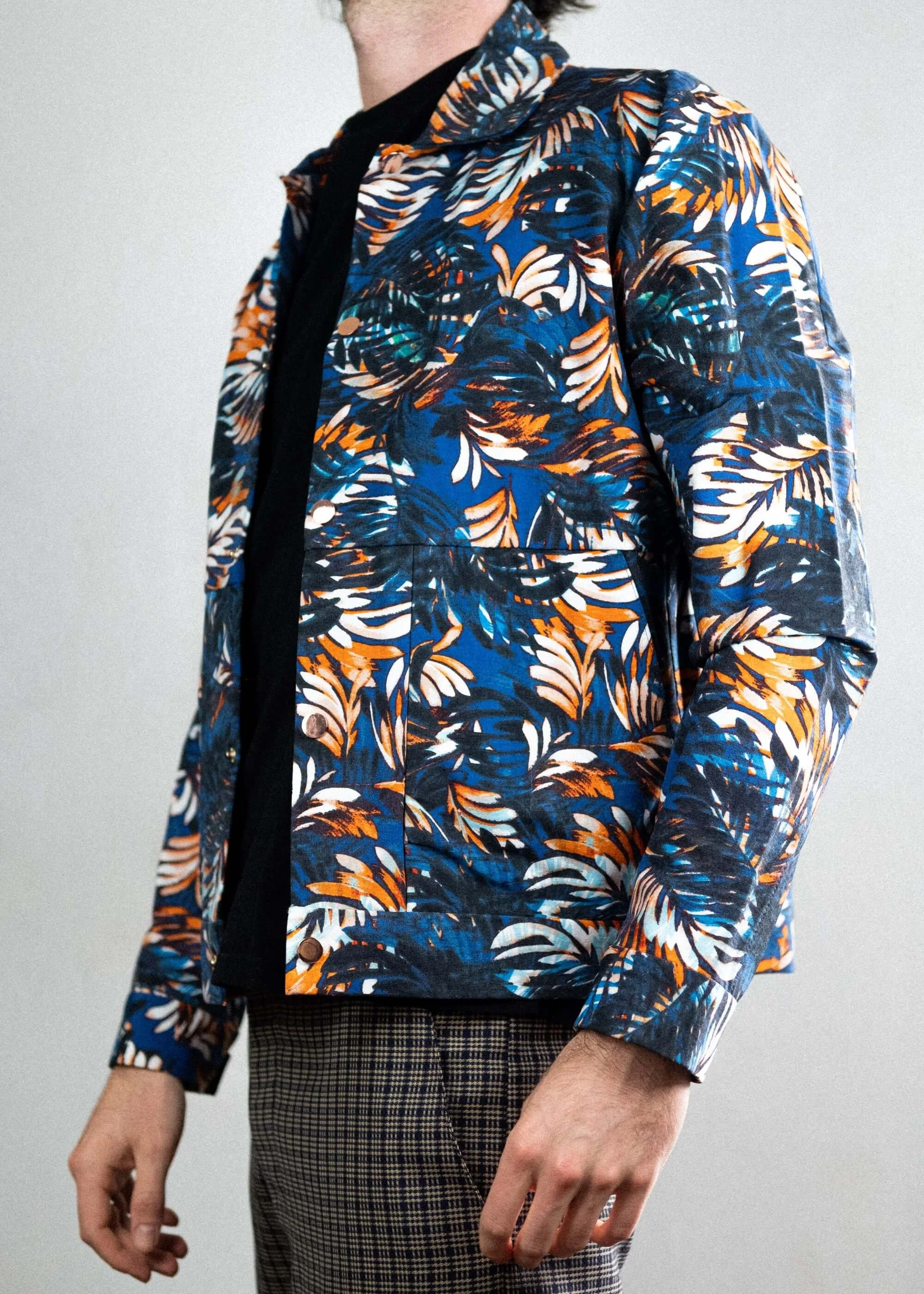 ‘Blue Koi Leaf’ Men’s Scuba fabric Jacket. OM Classic Cut. — Order Materia