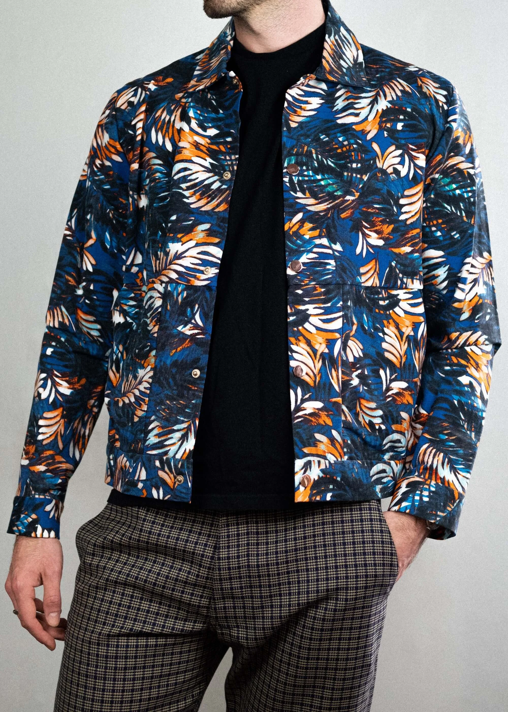‘Blue Koi Leaf’ Men’s Scuba fabric Jacket. OM Classic Cut. — Order Materia