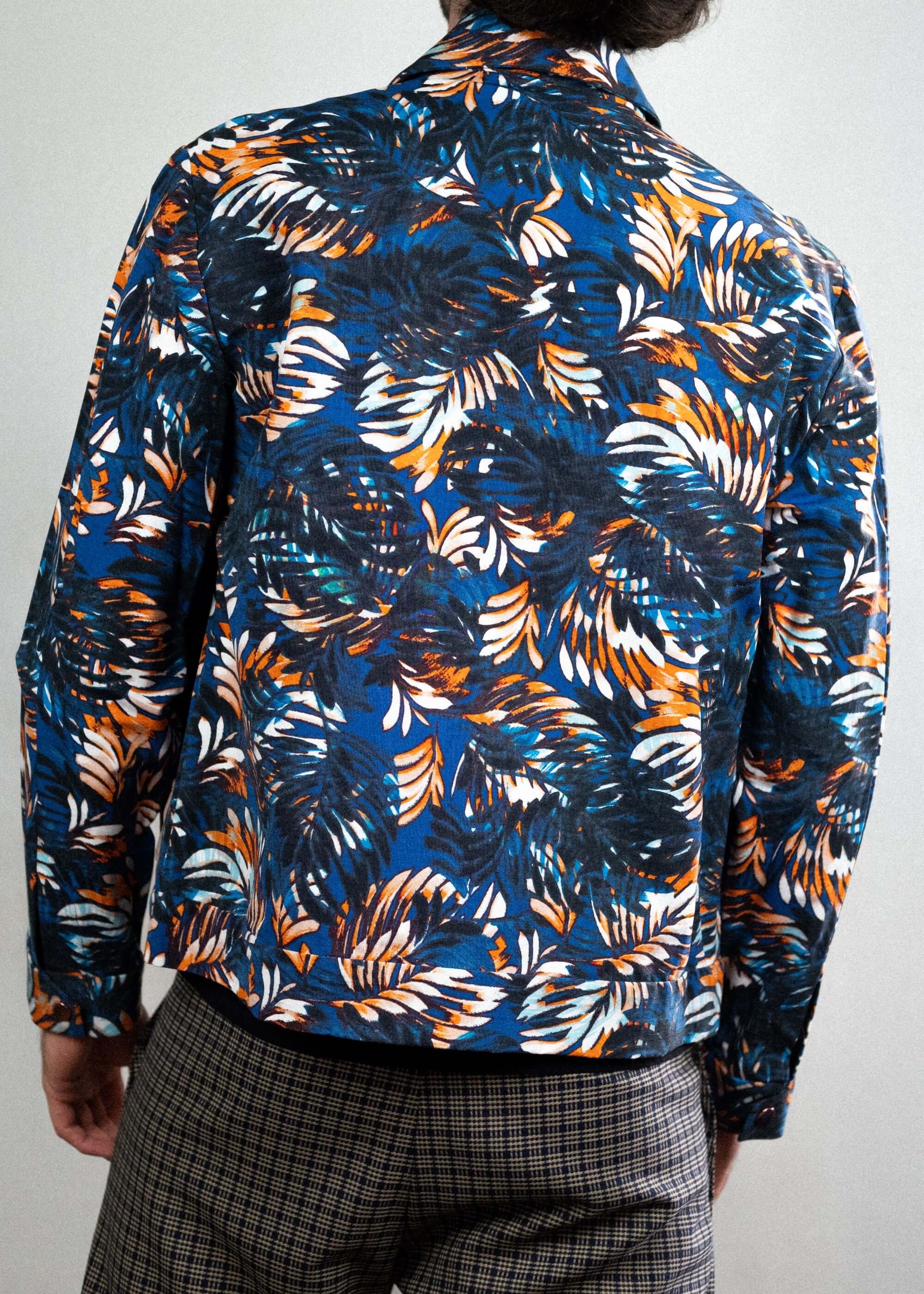 ‘Blue Koi Leaf’ Men’s Scuba fabric Jacket. OM Classic Cut. — Order Materia