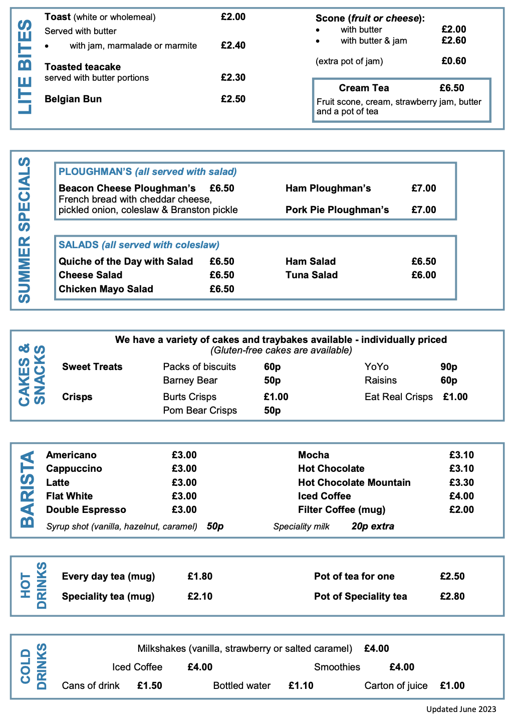 Cafe menu — St Mary's Ferndown