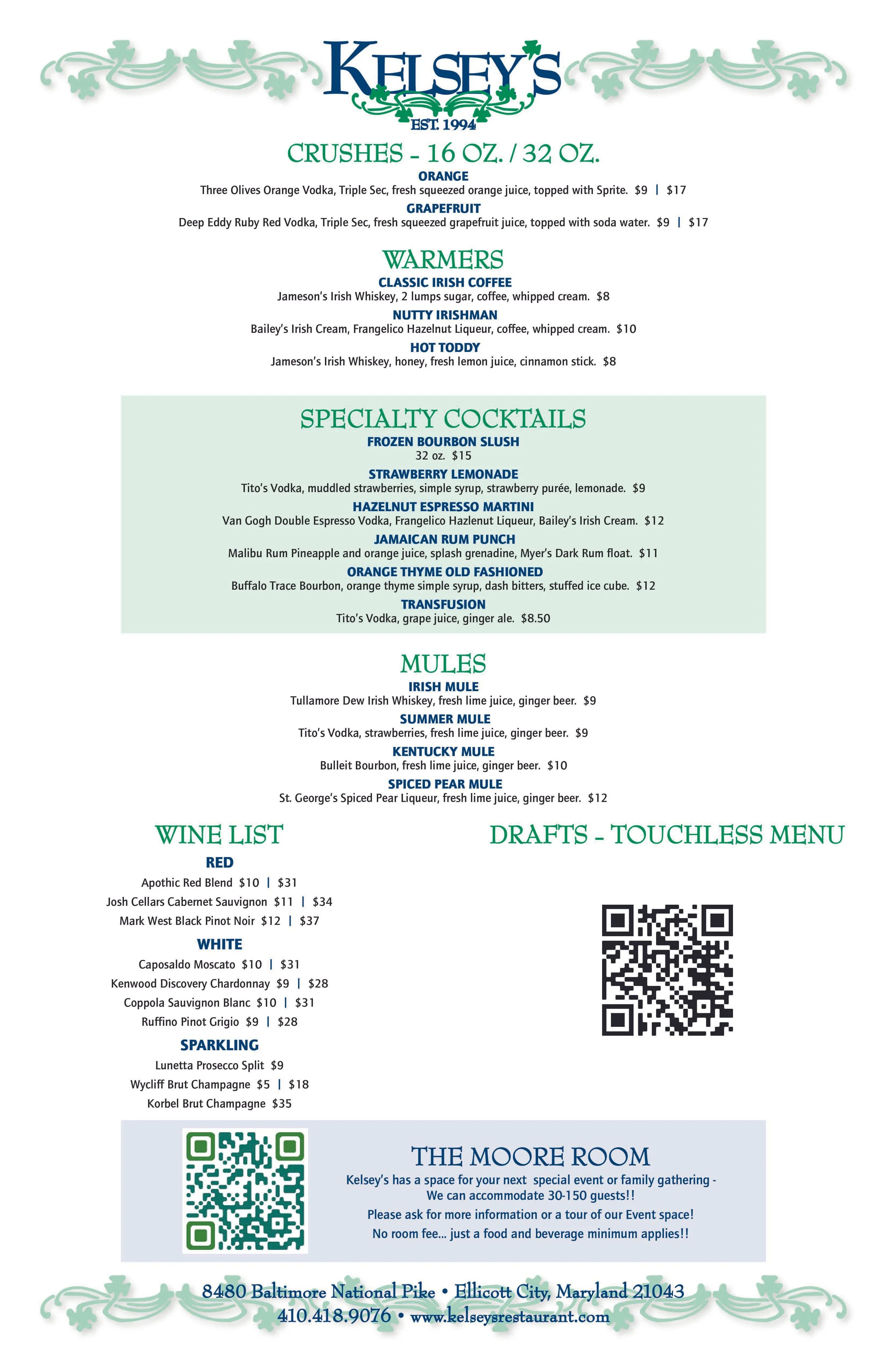 Kelsey's Menu — Kelsey's Restaurant, Irish Pub, & Banquet Hall