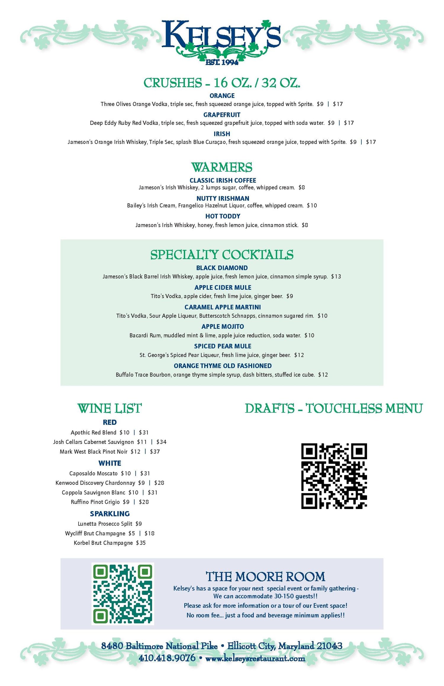 Kelsey's Menu — Kelsey's Restaurant, Irish Pub, & Banquet Hall