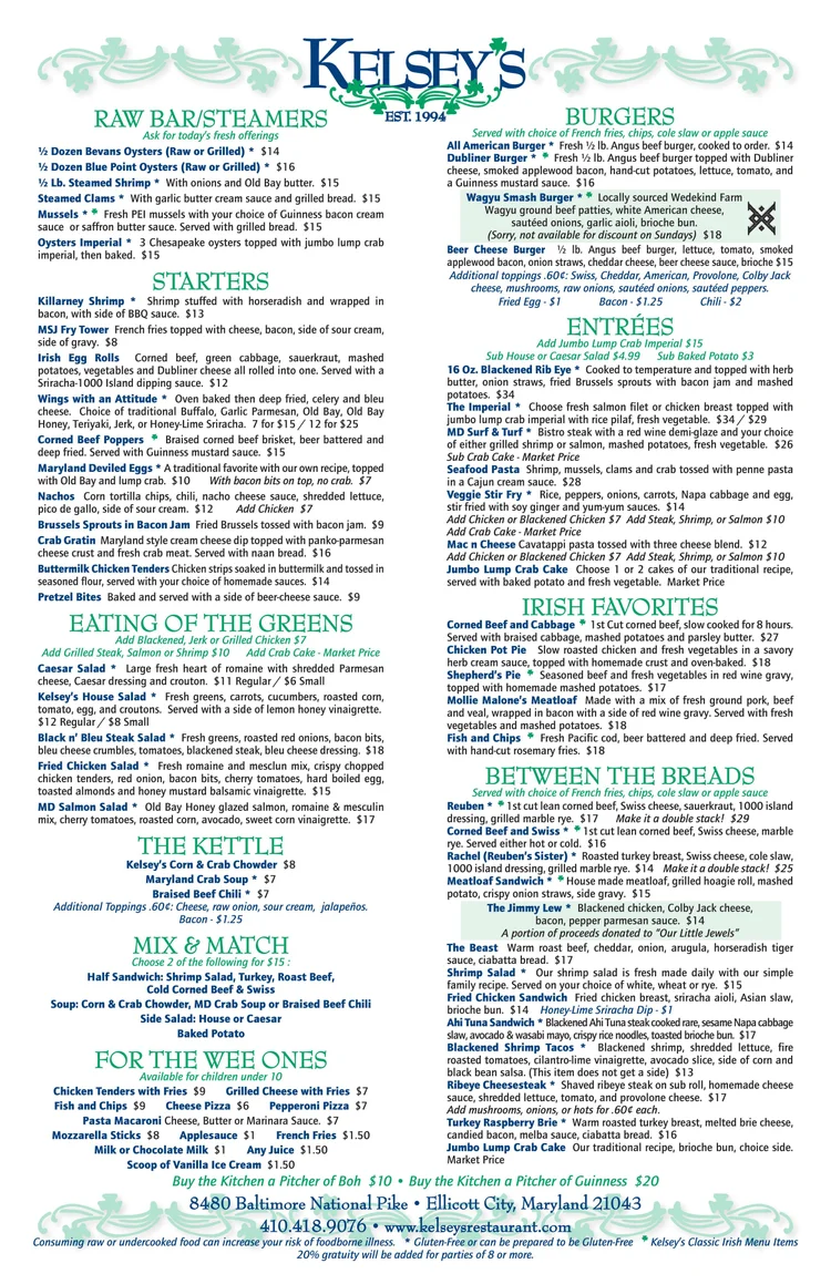 Kelsey's Menu — Kelsey's Restaurant, Irish Pub, & Banquet Hall