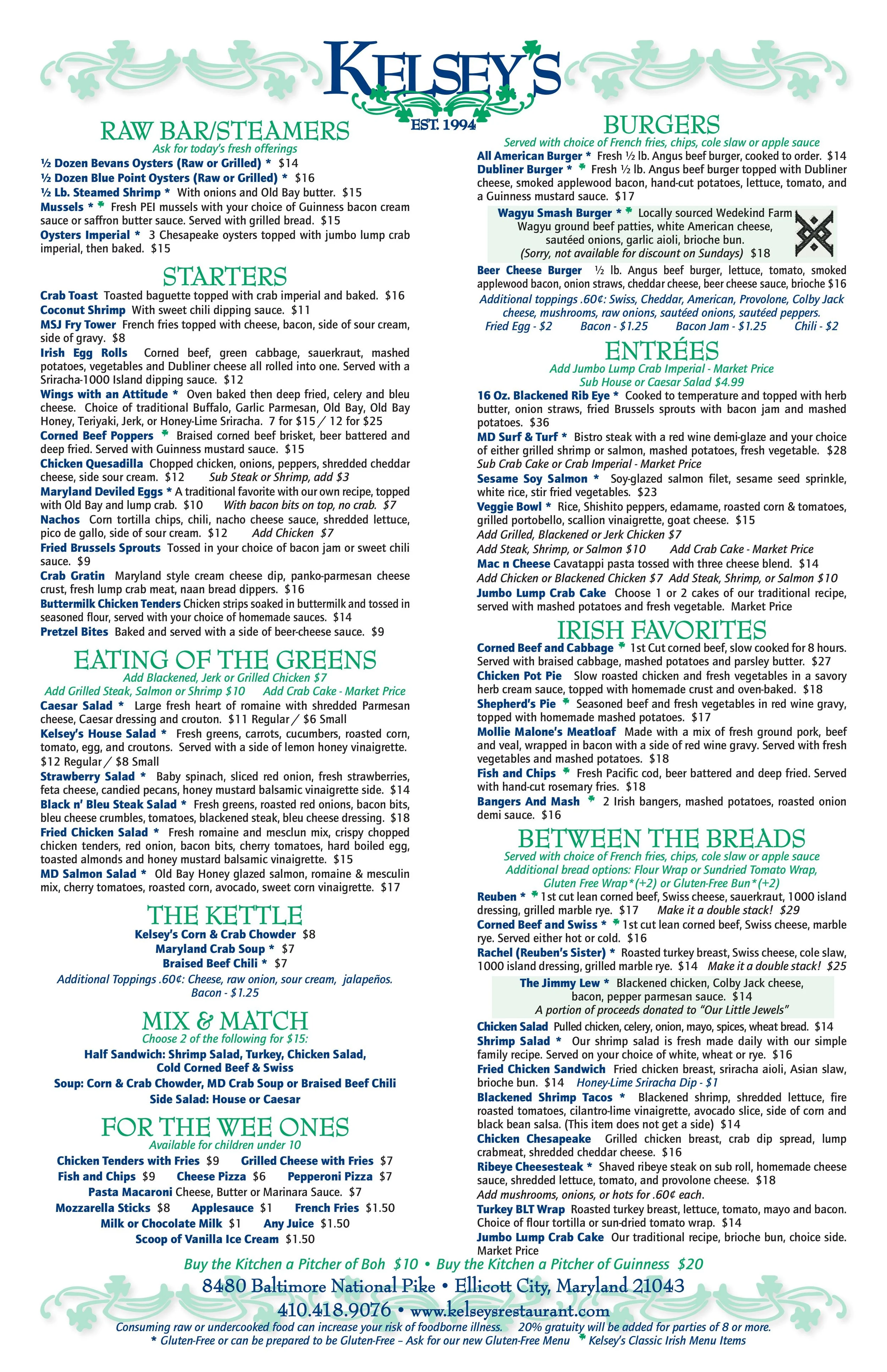 Kelsey's Menu — Kelsey's Restaurant, Irish Pub, & Banquet Hall