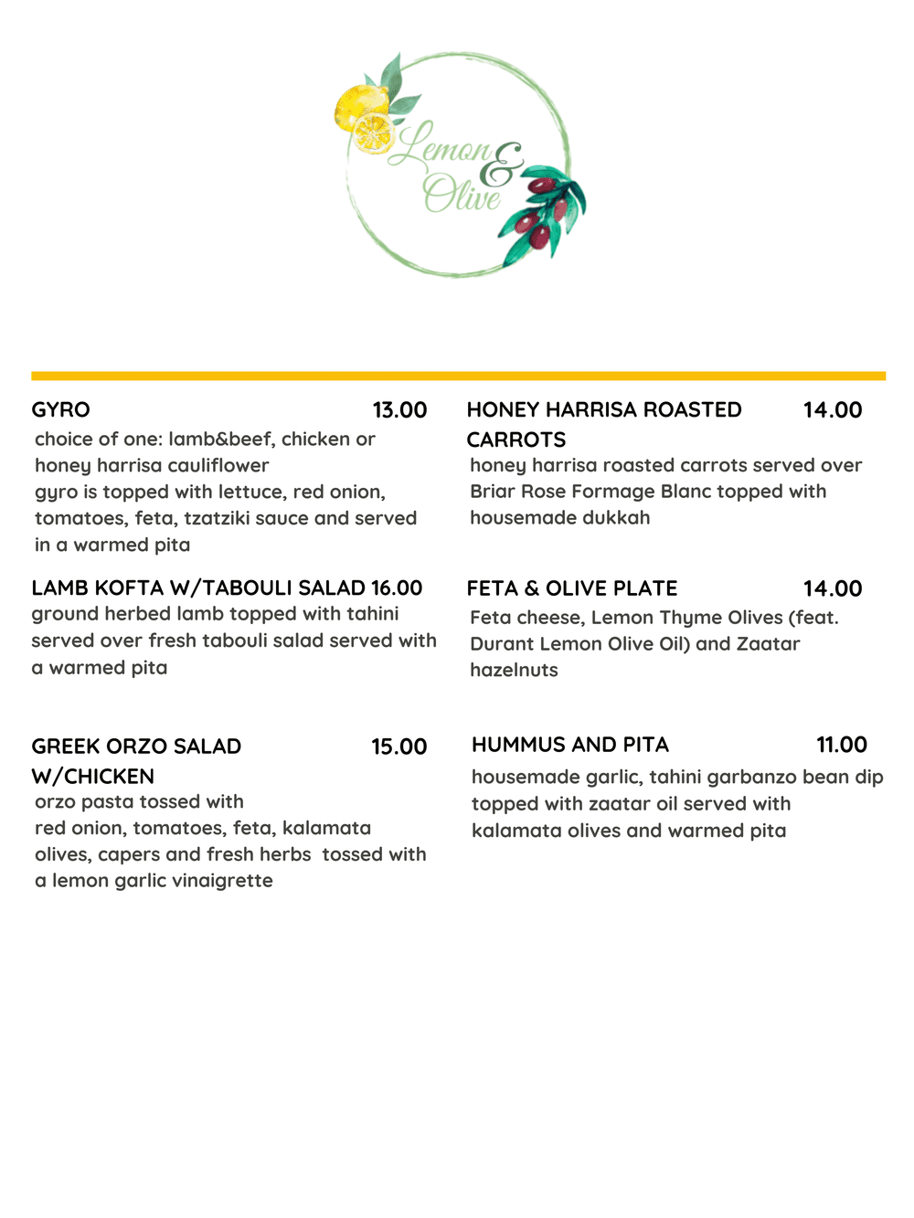 Sauvage Menu — Lemon and Olive
