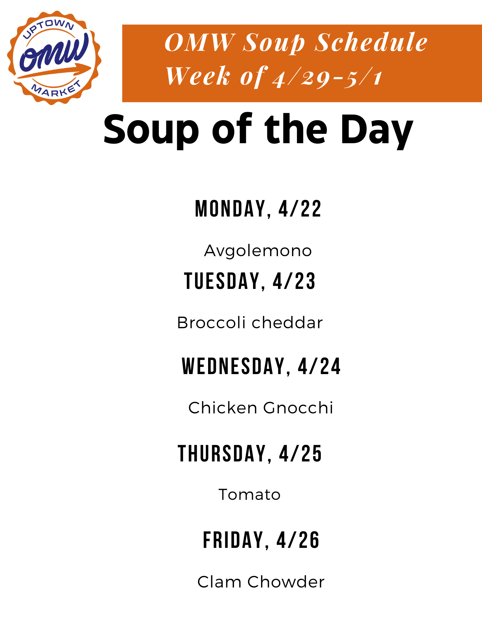 Soup Schedule — OMW Uptown Market