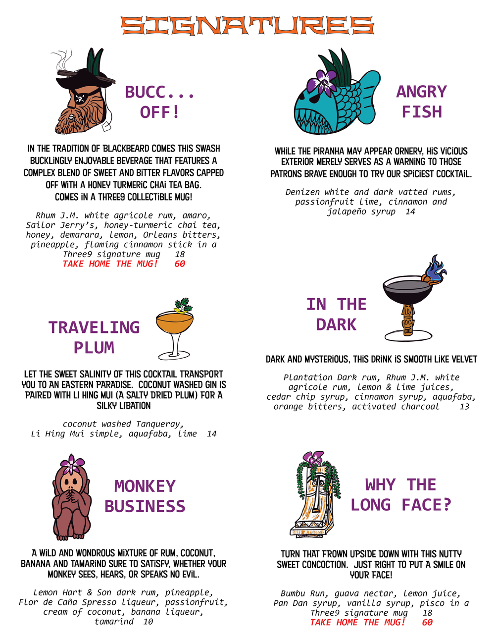 Tiki Menu Food and Drinks — Three 9 Lounge