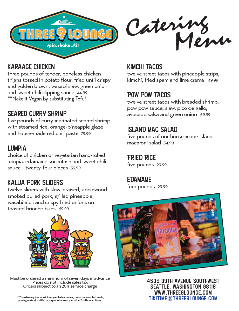 Tiki Menu Food and Drinks — Three 9 Lounge